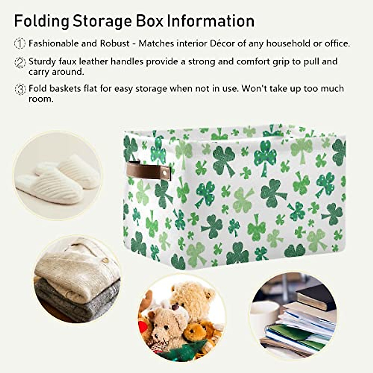 Green Clover Shamrock Lucky Storage Basket Fabric Laundry Baskets Happy St. Patrick's Day Accessories Storage Boxes Organizer Bag for Cloth Toy Book Storage Cubes Shelf Closet Bins 16×12×8 Inches
