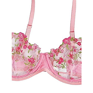 WDIRARA Women's Floral Embroidery Underwire Lingerie Set Mesh Bra and Panty Set Pink S