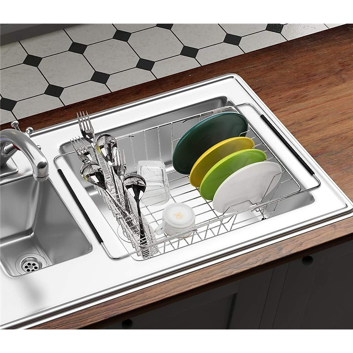 blitzlabs Expandable Dish Rack, Deep Large Dish Drying Rack with 4 Division Utensil Silverware Cutlery Holder, Dish Drainer Shelf Dish Rack in Sink On Counter, Rustproof Stainless Steel