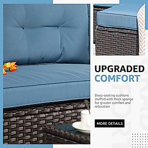 OC Orange-Casual Patio Furniture Set, All-Weather Outdoor Sectional Sofa Set, Wicker Lounge Couch with Glass Coffee Table for Deck Balcony Porch, Brown Rattan, Aegean Blue Cushion