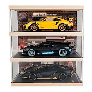 kivcmds 1:24 Scale 3-Tiers Vehicle Model Display Case with Parking Lot Scene for Sports Car Model and Lego Collectors, Display Stand for Alloy Car Model Toy (3-Tiers Auto Repair Store Scene)