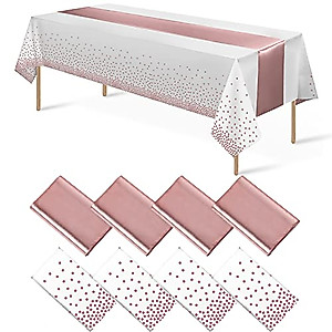8Pack Disposable Plastic Tablecloths and Satin Table Runner Set White and Rose Gold Dot Tablecloth Rose Gold Satin Table Runner for Wedding Birthday Anniversary Christmas New Year Party Decorations