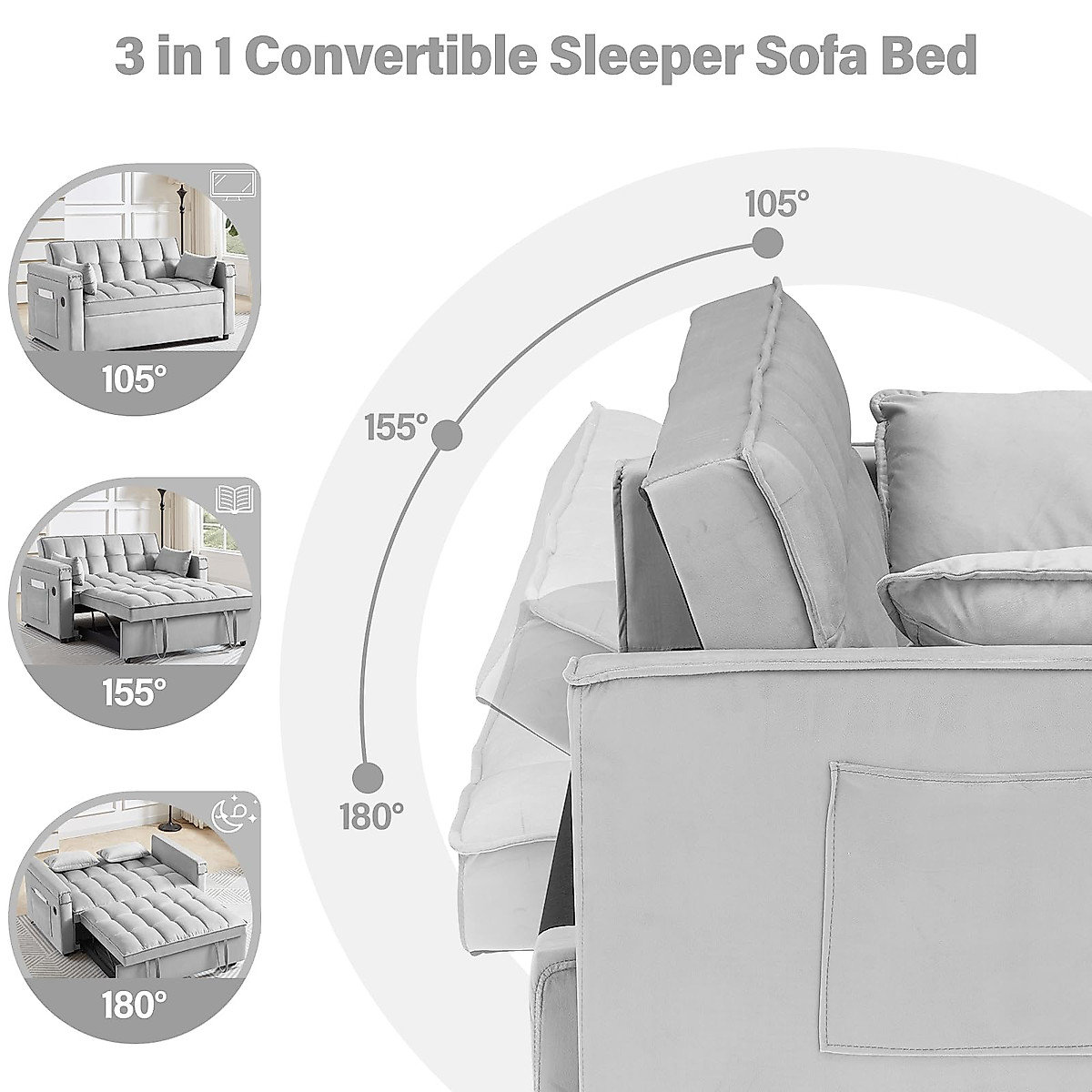 Convertible Sofa Bed,3-in-1 Velvet Sleeper Couch Pull-Out Bed,55'' Loveseat Sleeper Sofa Bed with Adjustable Backrest with 2 Pillows and Storage Bag & USB Port and Hidden Side Computer Table,Gray