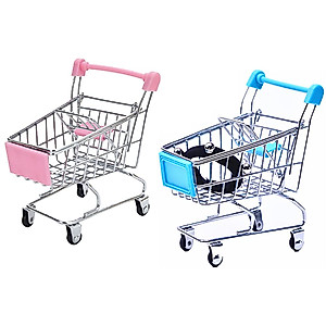 Mini Supermarket Handcart 2 Pcs Mini Shopping Cart Supermarket Handcart Shopping Utility Cart Mode Desk Storage Toy Holder(Pink&Light Blue)