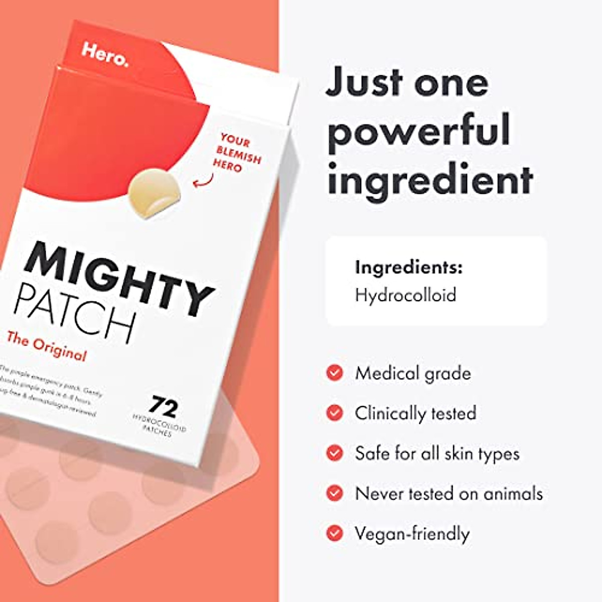 Mighty Patch Original from Hero Cosmetics - Hydrocolloid Acne Pimple Patch for Covering Zits and Blemishes, Spot Stickers for Face and Skin, Vegan-friendly and Not Tested on Animals (72 Count)
