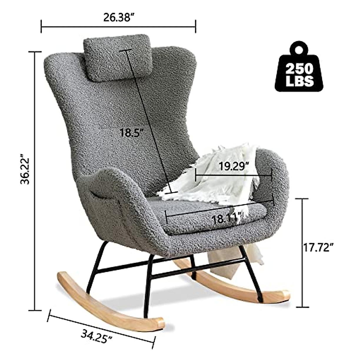 Modern Gray Rocking Chair Nursery Living Room Rocking Chair Teddy Fabric Upholstered Glider Chair High Backrest Side Hanging Pocket Side Accent Chair for Bedroom Offices (Gray + Polyester)