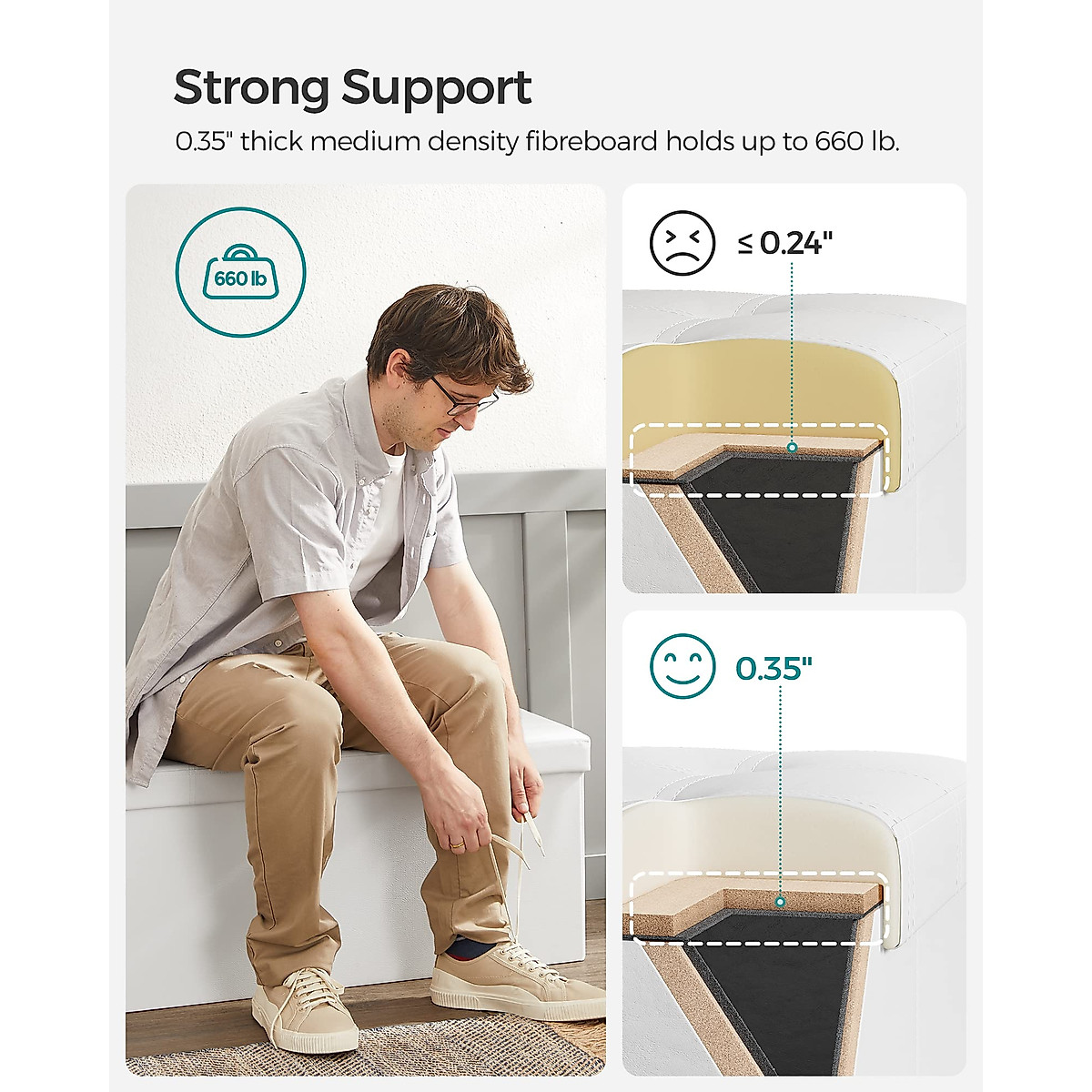 SONGMICS 30 Inches Folding Storage Ottoman Bench, Storage Chest, Footrest, Coffee Table, Padded Seat, Faux Leather, Holds up to 660 lb, White ULSF106