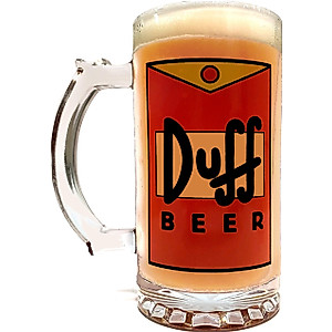 DUFF Beer Mug - 16oz - The Simpsons Inspired - Thick Quality Clear Glass - Artwork On Both Sides - Giftable Foam Protection