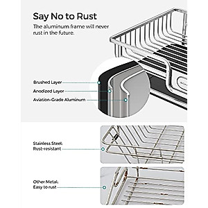 SONGMICS Dish Drying Rack, Rustproof Aluminum Dish Drainer with 21.1-28.2 Inches Expandable Drainboard, Rotatable Spout, for Kitchen Counter, Glass and Cup Holders, Silver and Black UKCS031E01