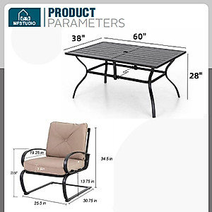 MFSTUDIO 7 Piece Outdoor Patio Dining Set 6 Spring Motion Cushion Chairs, 1 Rectangular Table with 1.57" Umbrella Hole Furniture Sets for Lawn Backyard Garden