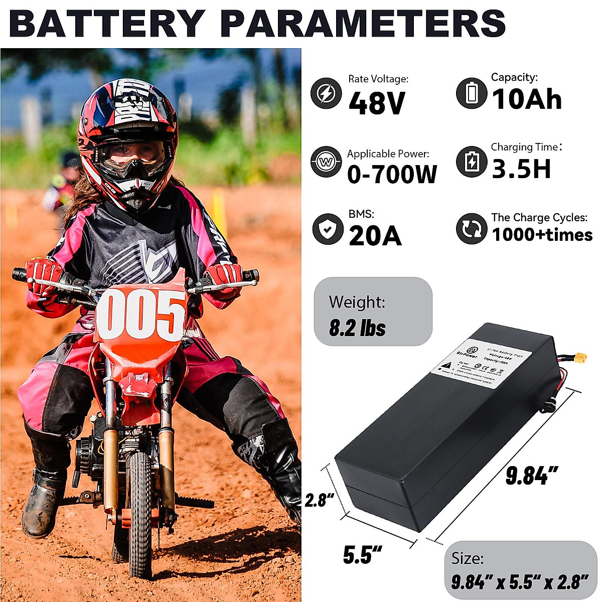 BtrPower Ebike Battery 48V 10AH Lithium Ion Battery Pack with 3A Fast Charger,20A BMS for Electric Motorcycle Scooter 250W 500W 700W Motor