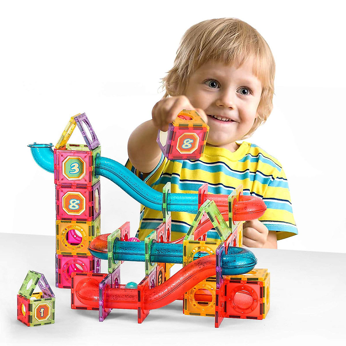FUNTECH Magnetic Tiles, Magnetic Pipe Blocks, Marble Run STEM Building Set, 110Piece, GIft for Children Boys and Girls