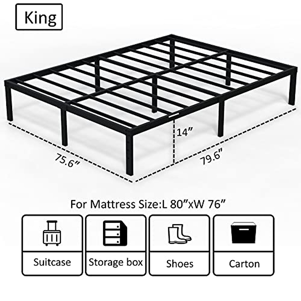 EMODA 14 Inch King Bed Frame No Box Spring Needed, Heavy Duty Metal Platform with Steal Slats, Noise Free, Easy Assembly, Black