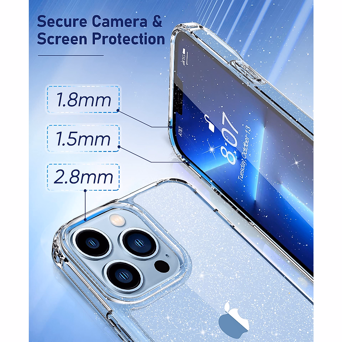 MIODIK for iPhone 13 Pro Case Clear Glitter, with Screen Protector + Camera Lens Protector, [Non-Yellowing] Crystal Women Girls Protective Shockproof Phone Case 6.1 inch - Sparkle Clear