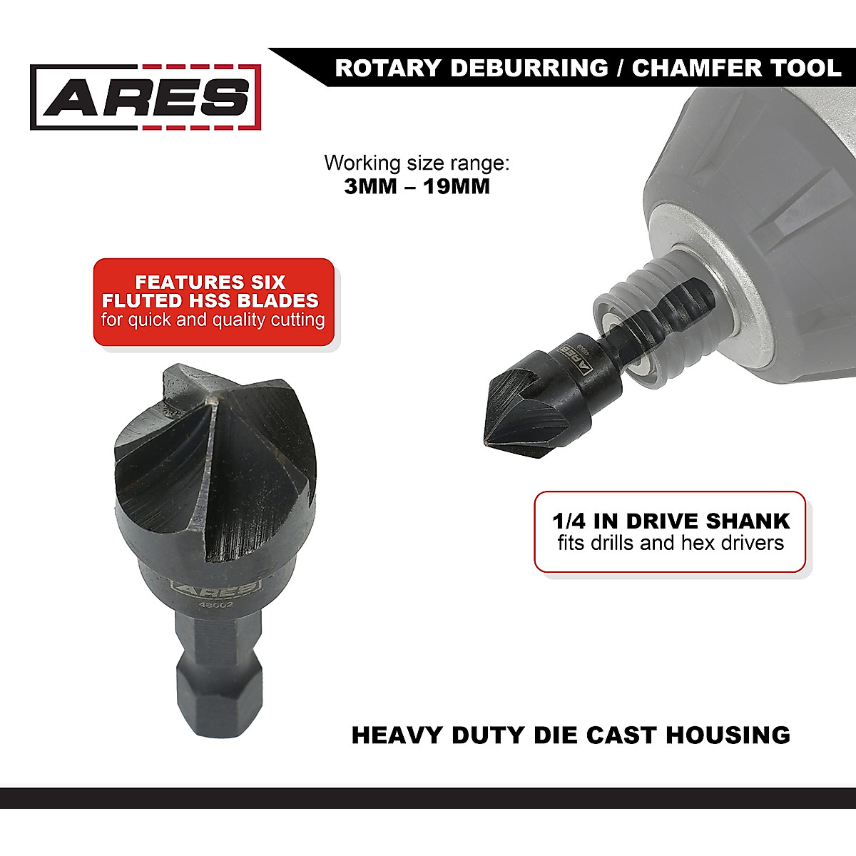 ARES 48002 – Internal Rotary Deburring & Chamfer Tool (3-19mm) – 1/4-Inch Shank for Use with Drill or Hex Driver - Clean and Repair Internal Edges of Newly Cut Pipes
