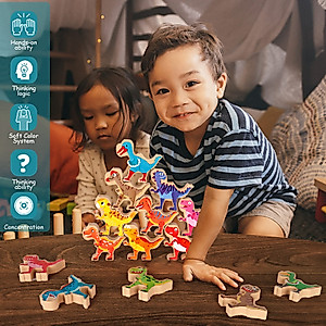 14-Piece 3-Inch Wooden Dinosaur Stacking Toys for Kids 3-7, STEM Educational Party Favors