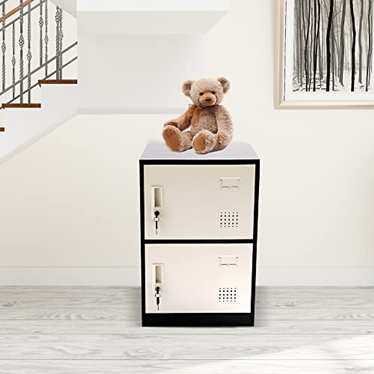 Harbin-Star Metal Lockers for Employees/Storage, 2 Doors Stackable Office Storage lockers with Card Slot, School and Home Storage Cabinet Organizer with Keys, Kids Locker for Cloth and Toy-Black&White