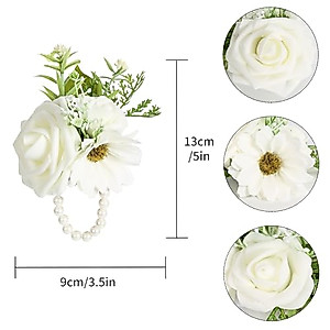 Jieowvhc Ivory White Rose Wrist Corsage for Wedding, Set of 6 Prom Flower Corsage Wristlet Wristband for Women Girls Bride Bridesmaid Artificial Rose Hand Flowers for Homecoming Ceremony Anniversary P