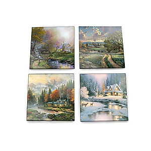 Thomas Kinkade - Seasons Scenes – Summer Spring Winter Fall - Set of Four 4” x 4” Glass Coasters - Comes with Stylish Modern Wooden Coaster – for Gifting and Collecting