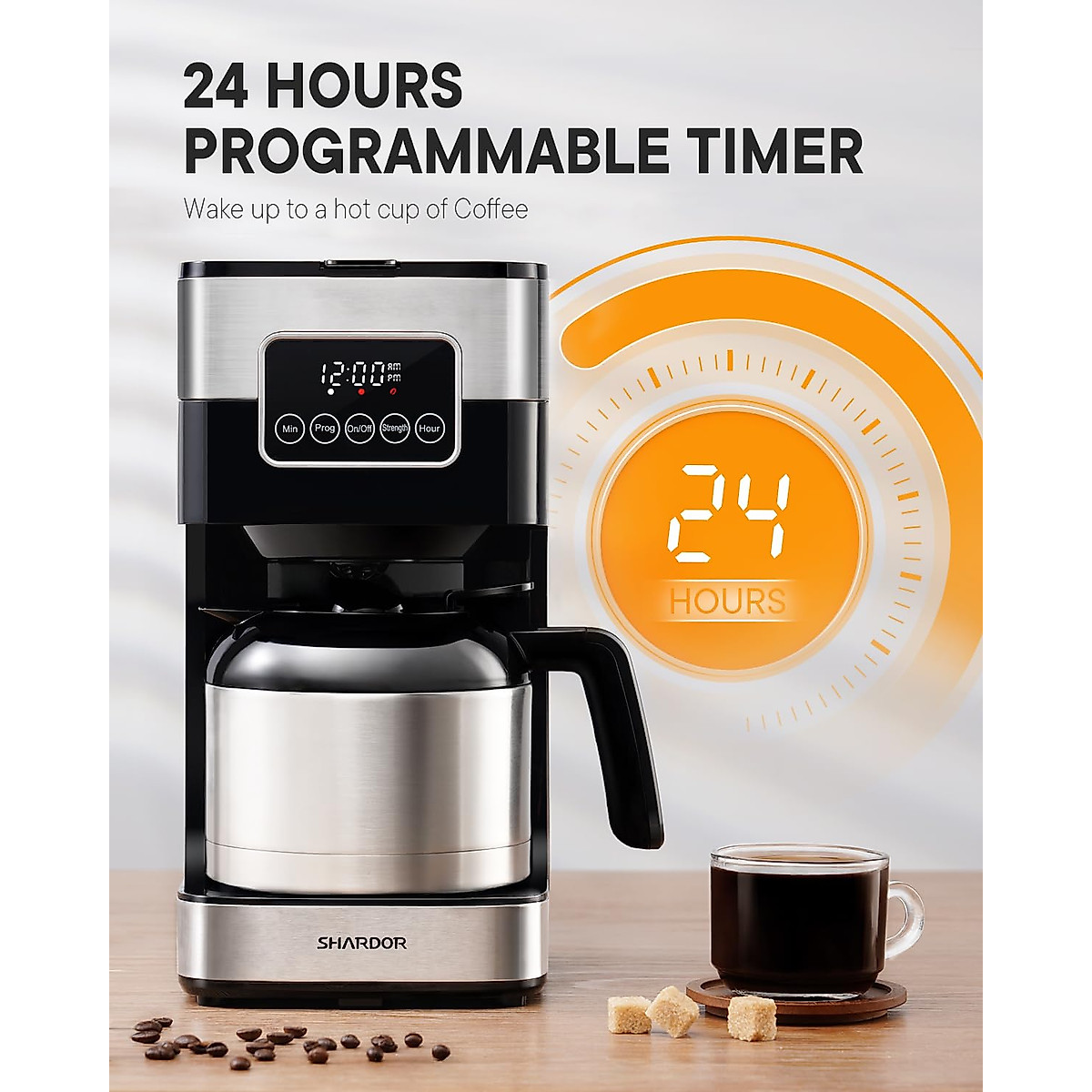 SHARDOR Programmable Coffee Maker with 8-Cup Thermal Carafe, Touch-Screen Drip Coffee Machine with Timer, Regular & Strong Brew, Pause & Serve, Auto Shut Off, Black & Stainless Steel