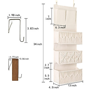 FEILANDUO Over The Door Organizer Boho Macrame Closet Organizers and Storage with 3 Large Woven Pockets Behind Door Organizer for Nursery, Pantry, Bathroom, Bedroom, Dorm (Ivory)