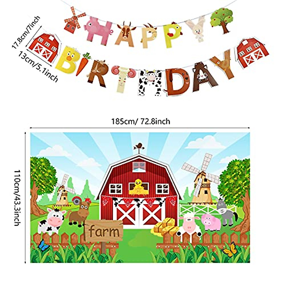 Farm Birthday Party Decorations Supplies Farm Animals Barn Backdrop Banner Farm Animals Walking Balloons Cupcake Toppers Set for Kids Farm Animals Cow Theme Party Supplies