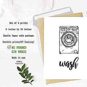 Modern 5th Laundry Room Signs (Set of 4 Unframed - 8 x 10 Inches), Wash Dry Fold Repeat, Typography Wall Art Decor Prints, Black and White Print Unframed