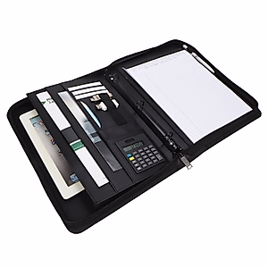 Freeprint Business Portfolio with Zipper 3 Ring Binder Organizer - PU Leather Folder Padfolio Document Organizer with Solar Calculator,Writing Pad