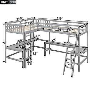 CITYLIGHT L-Shaped Loft Bed with 2 Built-in L-Shaped Desks,Wood Twin Size Loft Bed with Desk Underneath for Kids,Double Loft Beds with Guardrails and Ladders for Boys Girls Teens,Grey