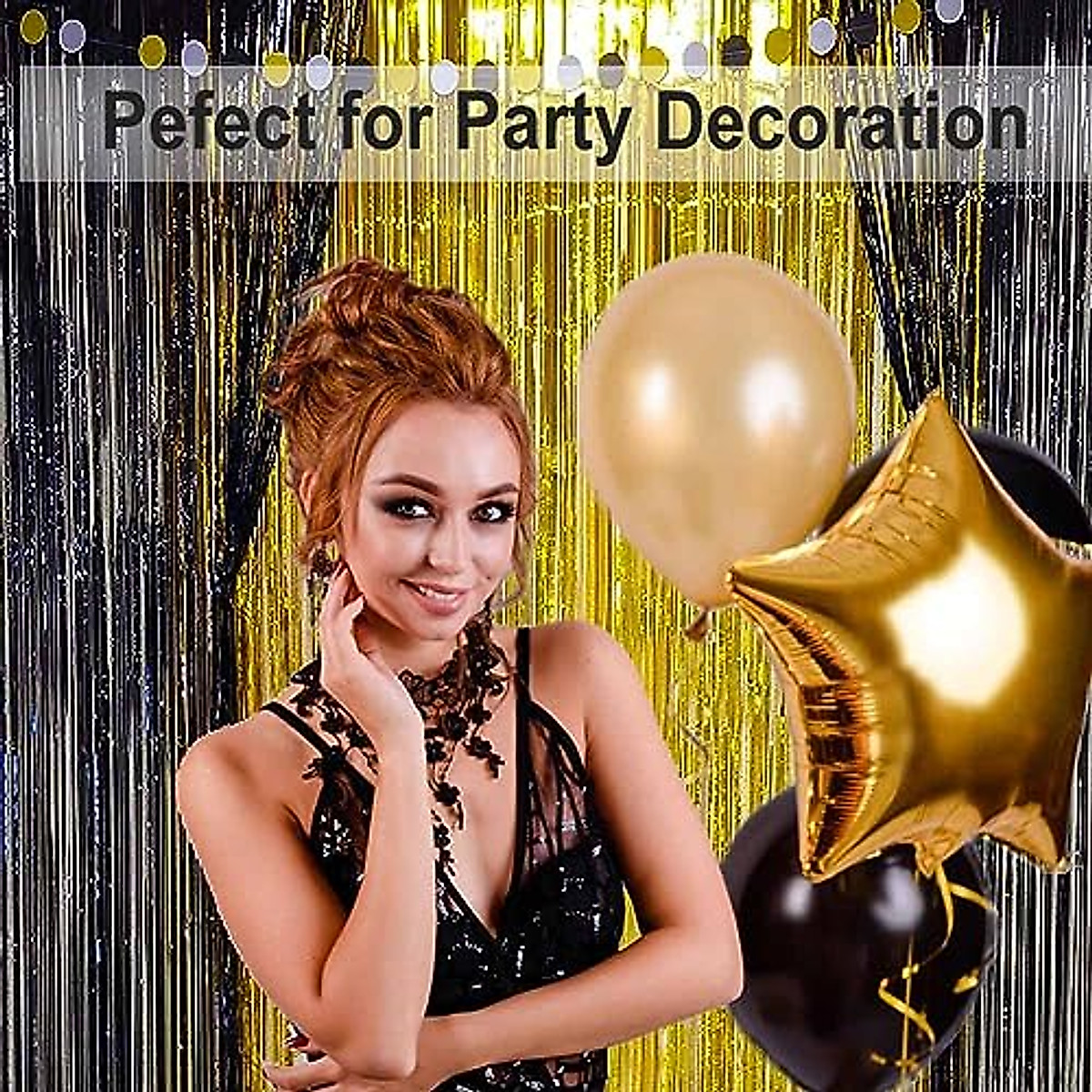 EUFARS Black and Gold Party Decorations - 4Pack 3.2x8.2ft Foil Fringe Curtains for Birthday Graduation Masquerade Gatsby Themed Party Decorations