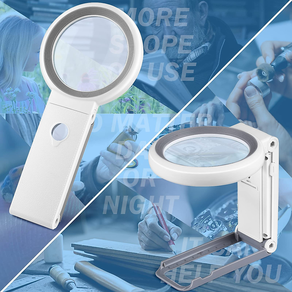 30X 10X Magnifying Glass with Light and Stand, Foldable Handheld Magnifying Glass 18 LED Illuminated Lighted Magnifier for Macular Degeneration, Seniors Reading, Close Work, Coins, Jewelry