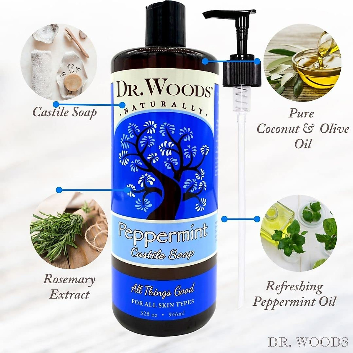 Dr. Woods Pure Peppermint Liquid Castile Soap with Pump, 32 Ounce