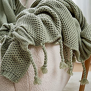 Cozy Bliss Honeycomb Knit Throw Blanket with Hand-Made Tassel Soft Cozy Acrylic Knitted Throw Decorative Woven Blanket for Couch, Bed,Sofa, 50x60 inches, Sage Green