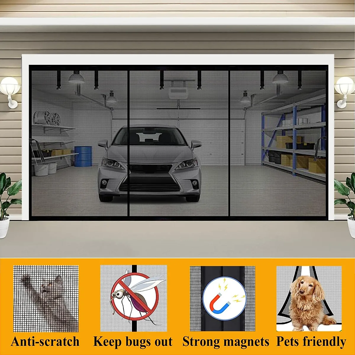 Magnetic Garage Door Screen 18x9FT Hands Free Screen Curtains, Pets Friendly, Retractable Fiberglass Doors Cover Closure for Garage Patio sunroom Balcony Porch Gazebo Backyard Greenhouse RV (Black)