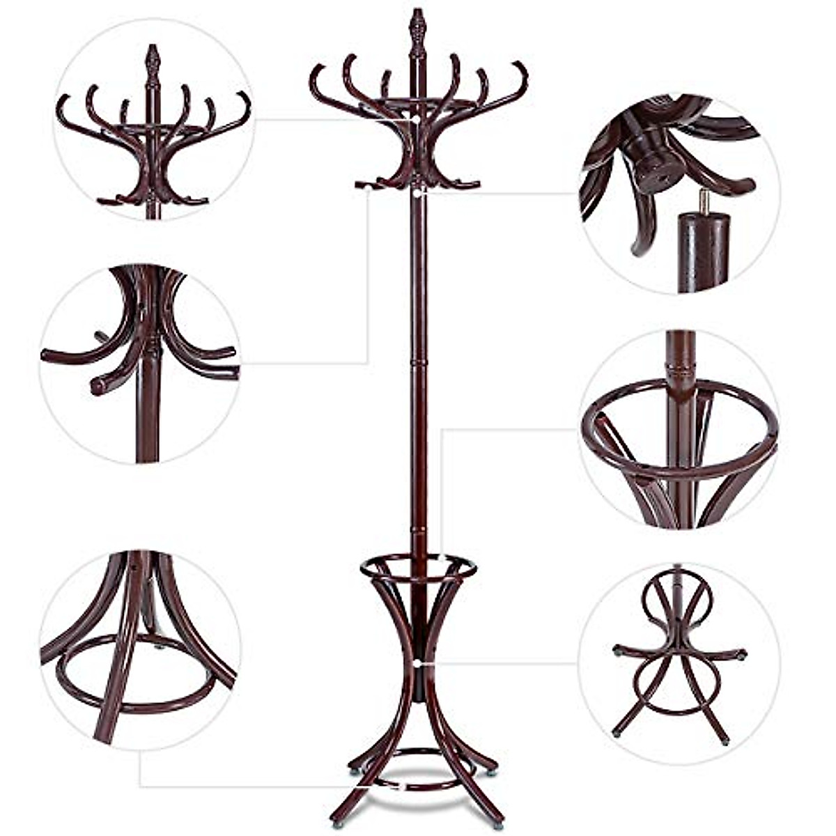 GOFLAME 73" Coat Rack Freestanding, Wooden Coat Tree with 12 Hooks and Umbrella Stand, Entryway Hall Tree, Hat Hanger Organizer, Coat Rack Stand for Coats, Hats, Scarves, Bags, Easy Assembly, Brown