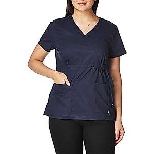 KOI Women's Katelyn Easy-fit Mock-wrap Scrub Top with Adjustable Side Tie, Navy, X-Large