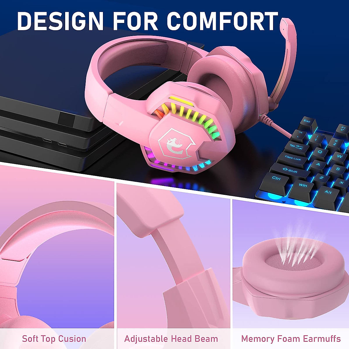 Wired Gaming Headset with Rainbow RGB Backlight Retractable Noise Isolating Microphone Stereo Sound Deep Bass Memory Foam Earmuff Over Ear Headphone for PS4 Xbox One Switch PC Mac Gamer Music (Pink)