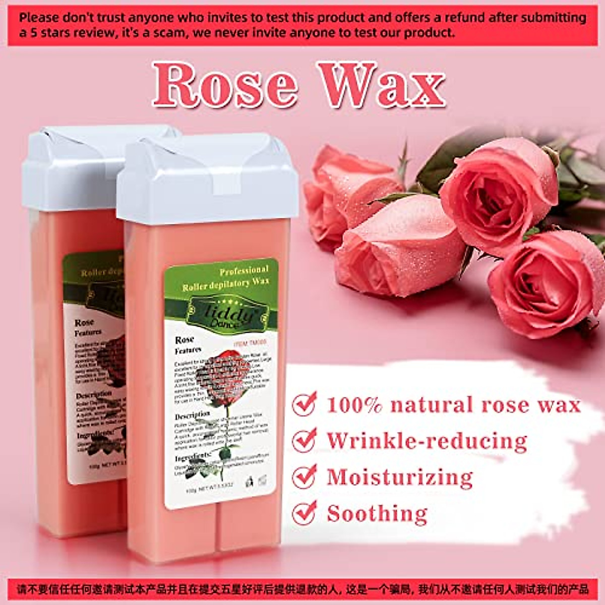 Roll On Wax Kit for Hair Removal, Rose Soft Wax Roller Kit for Women Men Waxing with 100 Wax Strips + 10 Pre Clean Wipes and 20 After Oil Bag, Depilatory Wax Warmer for Sensitive Skin at Home
