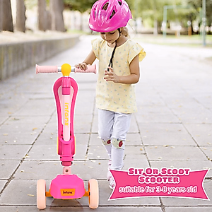 INFANS 3 Wheel Scooter for Kids, 2 in 1 Learn to Steer Kick Scooters with Removable Seat, LED Flashing Wheels, Adjustable Height, Wide Deck, Outdoor Activities Toy Gift for Girls Boys Ages 3-8 (Pink)
