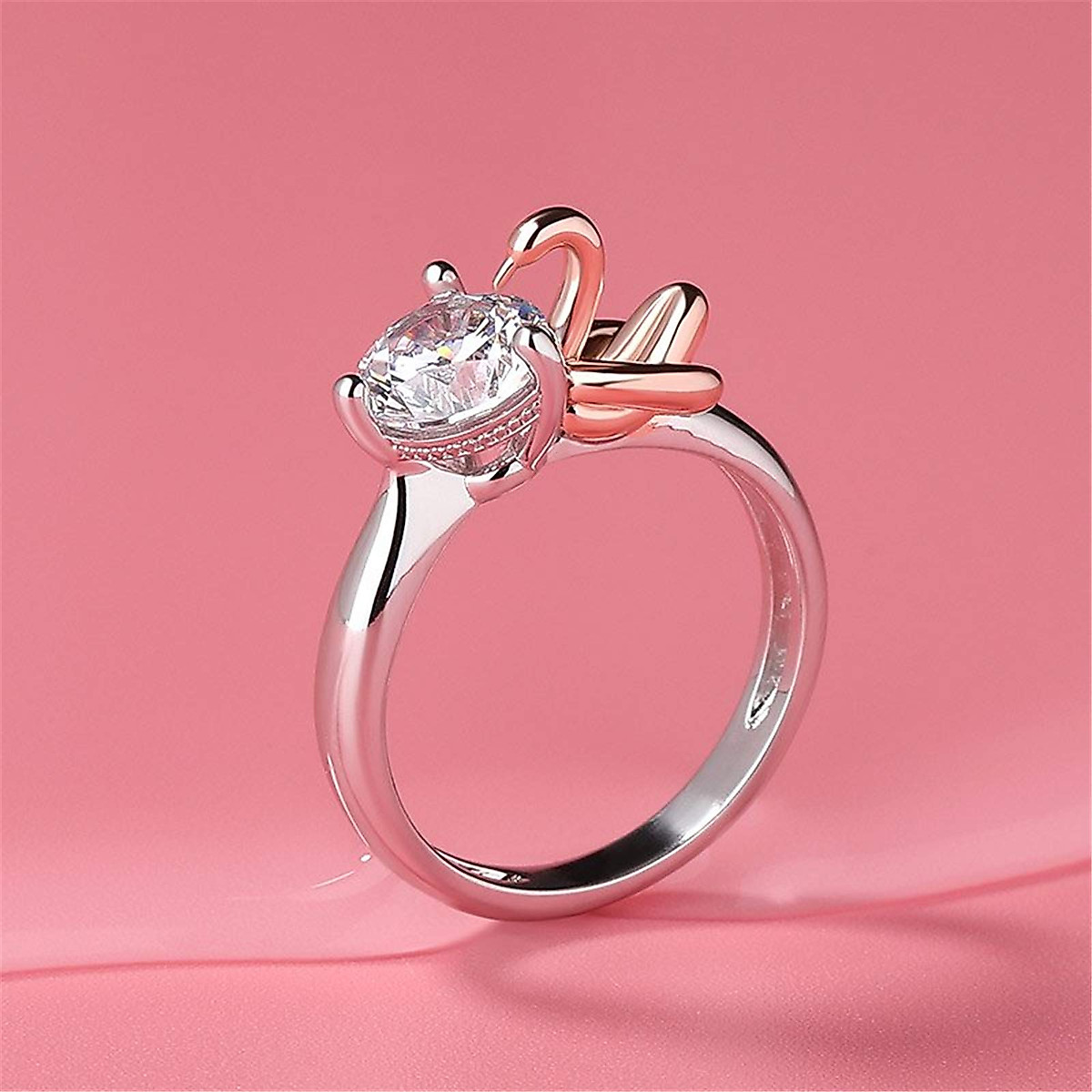 Jeulia Hug Me Balloon Swan Round Cut Sterling Silver Ring Fashion Anniversary Promise Engagement Wedding Ring Set for Her with Gift Jewelry Box (Rose Gold, 8.5)