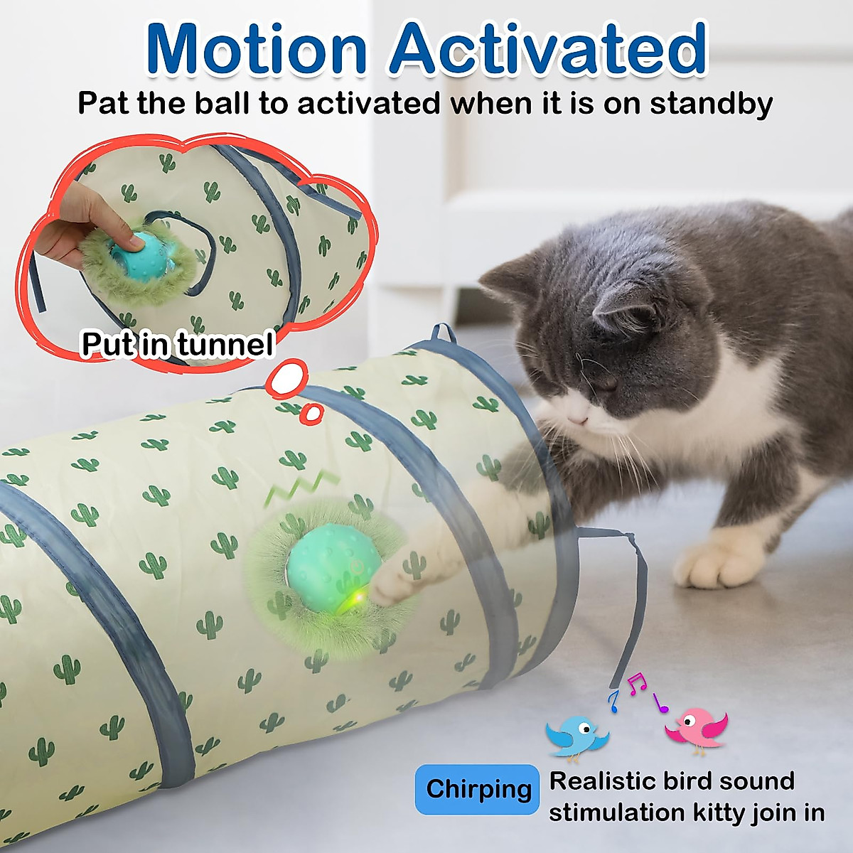 BENTOPAL Cat Toys Ball Fast Rolling Ball in Tunnels, Motion Activated Cat Toys Interactive Chirping Ball Hide and Seek Indoors Gaming (Green)