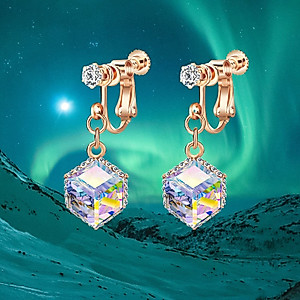 Cube Austrian Crystal Drop Clip On Dangle Earrings for Women Non Pierced 14K Rose Gold Plated Hypoallergenic Jewelry (Aurora Borealis)
