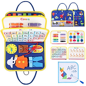 Busy Board for 1 2 3 4 Year Old Toddlers - Preschool Learning Activities Busy Book, Montessori Toys for Fine Motor Skills, Airplane Car Travel Essentials for Kids Boys Girls (Blue)