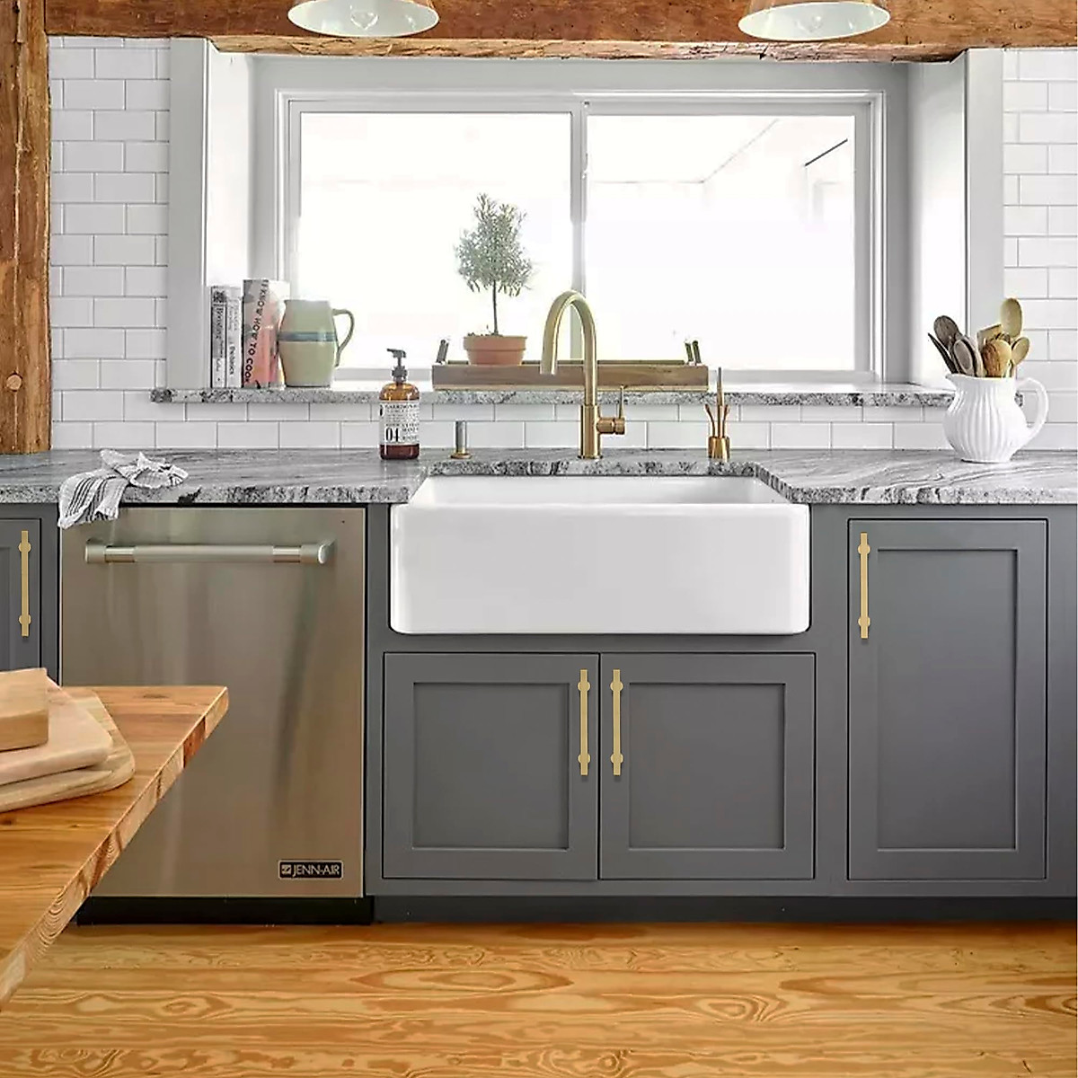 QOGRISUN 2-Pack Solid Brass Cabinet Handles, Gold Square T Bar Cabinet Pulls, 5 Inch Hole Center for Kitchen Dresser Drawer Cupboard, Brushed Brass Finish