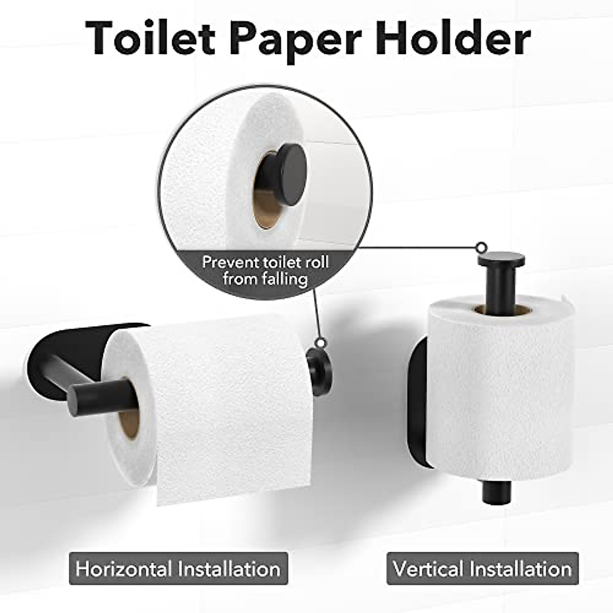 Matte Black Bathroom Accessories Set, 5 Pieces Bathroom Hardware Set, Stainless Steel Towel Racks for Bathroom, Bathroom Set Including 16" Towel Bar, Toilet Paper Holder, Towel Ring, Robe Towel Hooks