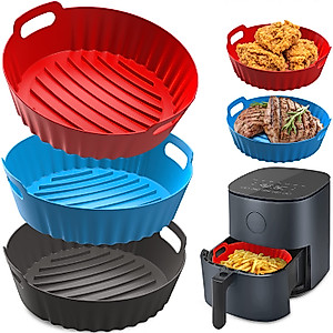 Silicone Air Fryer Liners, 3Pcs 8.6inch Air Fryer Silicone Pot Set Replacement of Parchment Paper Liners Heat Resistant Reusable Air Fryer Silicone Basket Fits 5Qt or Bigger Air Fryers, Black+Red+Blue