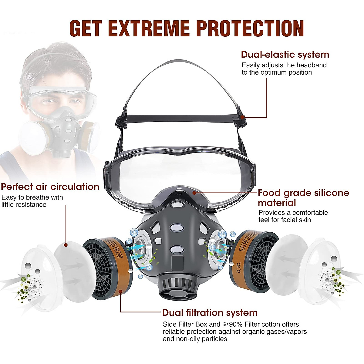Reusable Half Face Cover, 8200 Face Cover with Safety Glasses Half Facepiece Against Organic Vapors/Smells/Asbestos, Ideal for Painting, Polishing, Woodworking, Welding, Decoration etc