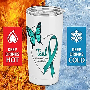 Teal Ribbon Butterfly Heart Ovarian Awareness 20 OZ Stainless Steel Tumbler Travel Car Coffee Mug with Straw Lid Cleaning Brush Coffee Tumbler Mug for Women Men