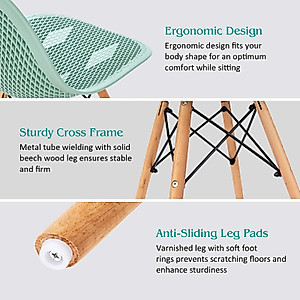 KOTEK Set of 4 Dining Chairs, DSW Molded Shell Plastic Side Chairs with Mesh Design, Solid Wood Legs, Mid-Century Modern Armless Side Chairs for Kitchen, Dining Room, Living Room (Green)