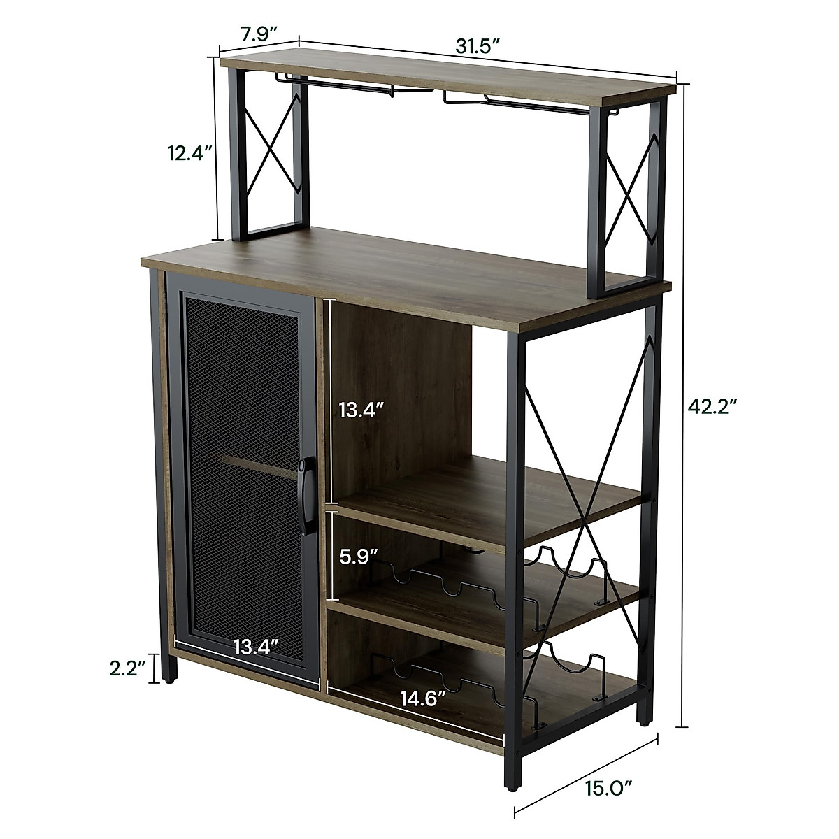 SunsGrove Wine Bar Cabinet with Removable Wine Rack, Coffee Bar Cabinet with Glass Holder, 3 Adjustable Open Shelves, Small Sideboard and Buffet Cabinet with Mesh Door, Wood Color